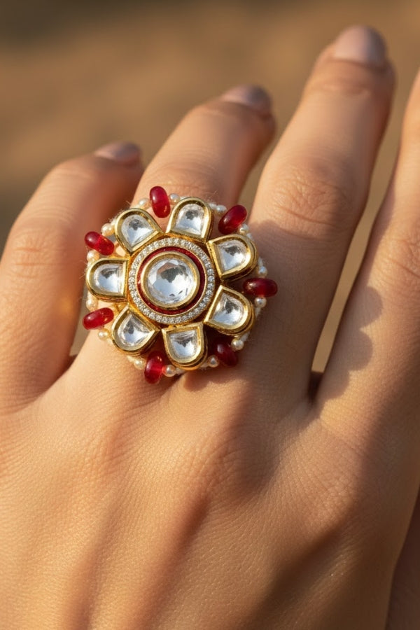 Designer Gold Plated Kundan Red Beaded Adjustable Ring (Design 77)– PAAIE