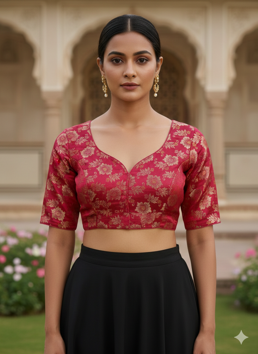 Dark Magenta Satin Silk Self Print Blouse For Women– PAAIE