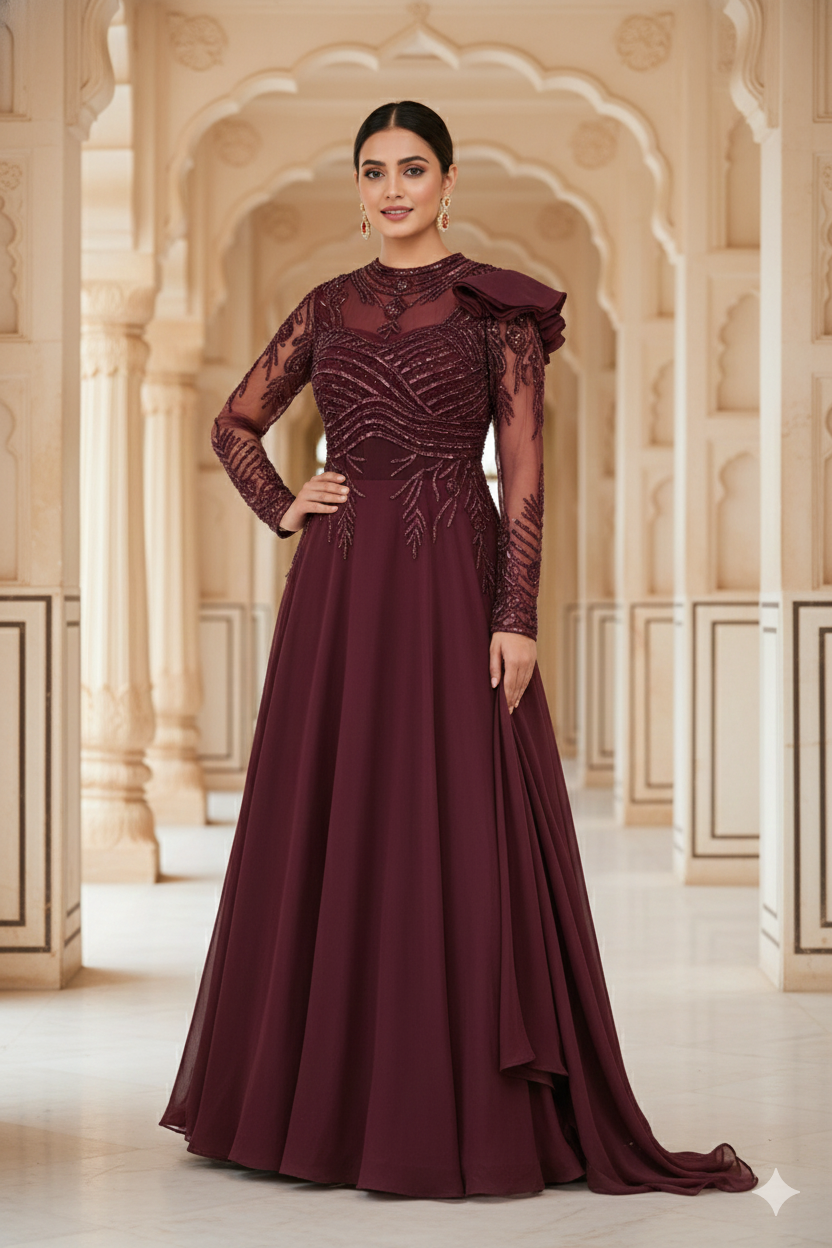 Designer Wine Color Gown With Beautiful Sequence Work For Women (D2)– PAAIE