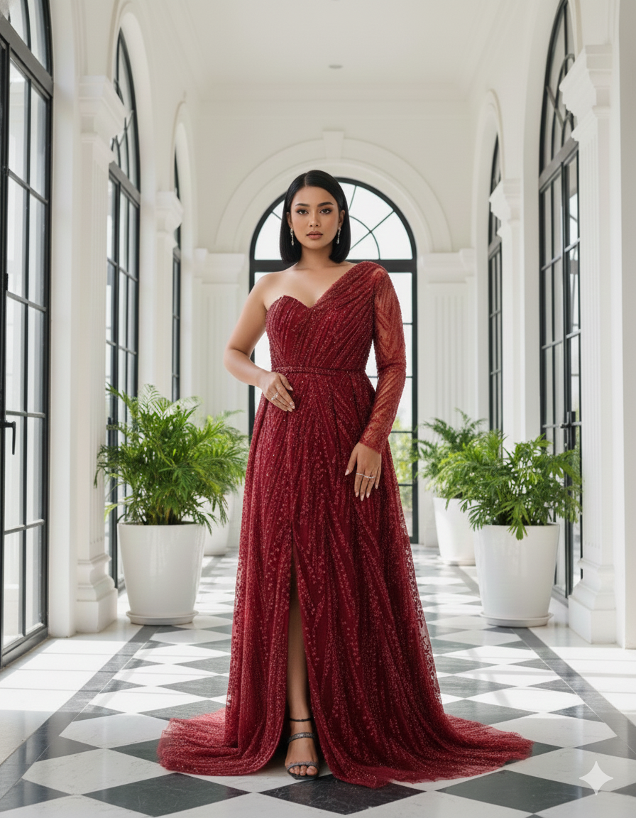 Red Color Cutdana Embroidered One Side Shoulder With Side Slit Net Gow ...