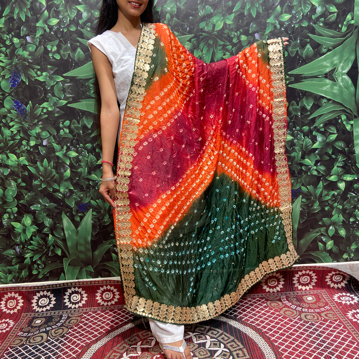 Dark Green & Multi-Color Silk Bandhej Gota patti Work Dupatta Shop Now ...
