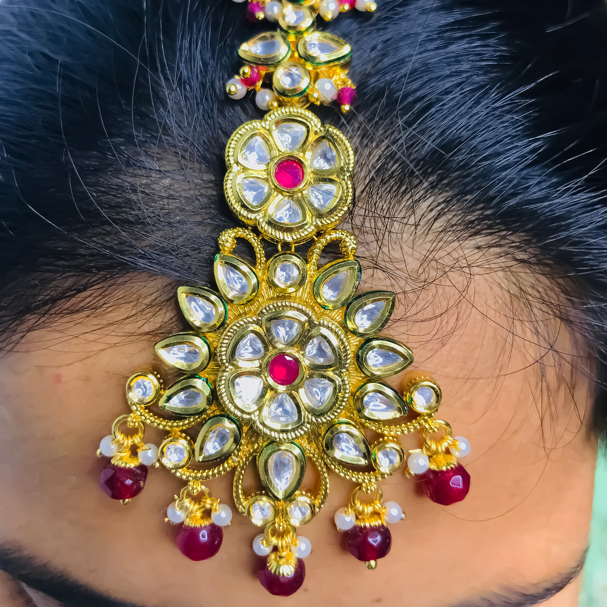 Designer Gold Plated Royal Kundan & Ruby Maangtikka (D100)– PAAIE