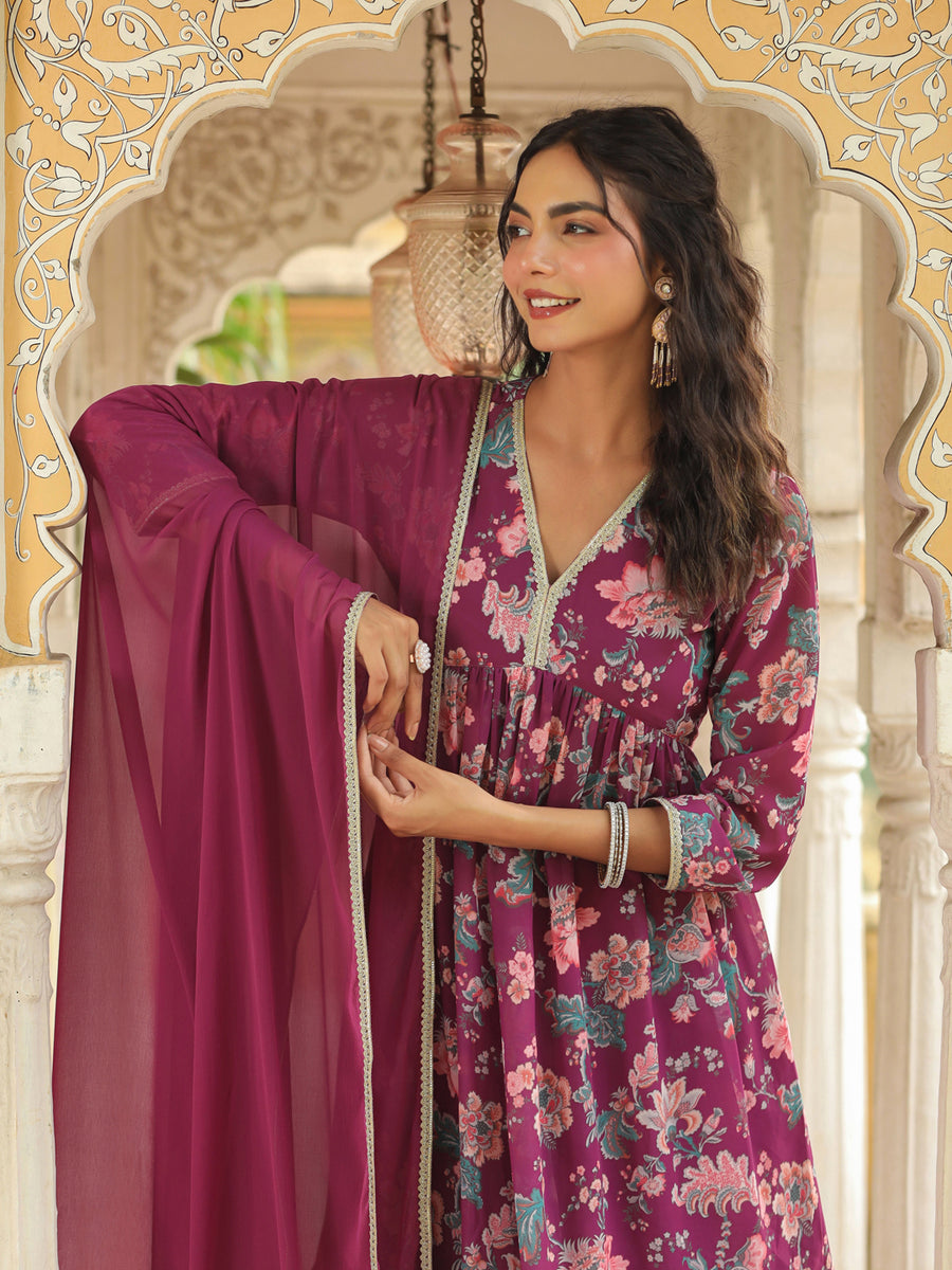 Purple Floral Kurta in Georgette with Dupatta and Sharara– PAAIE