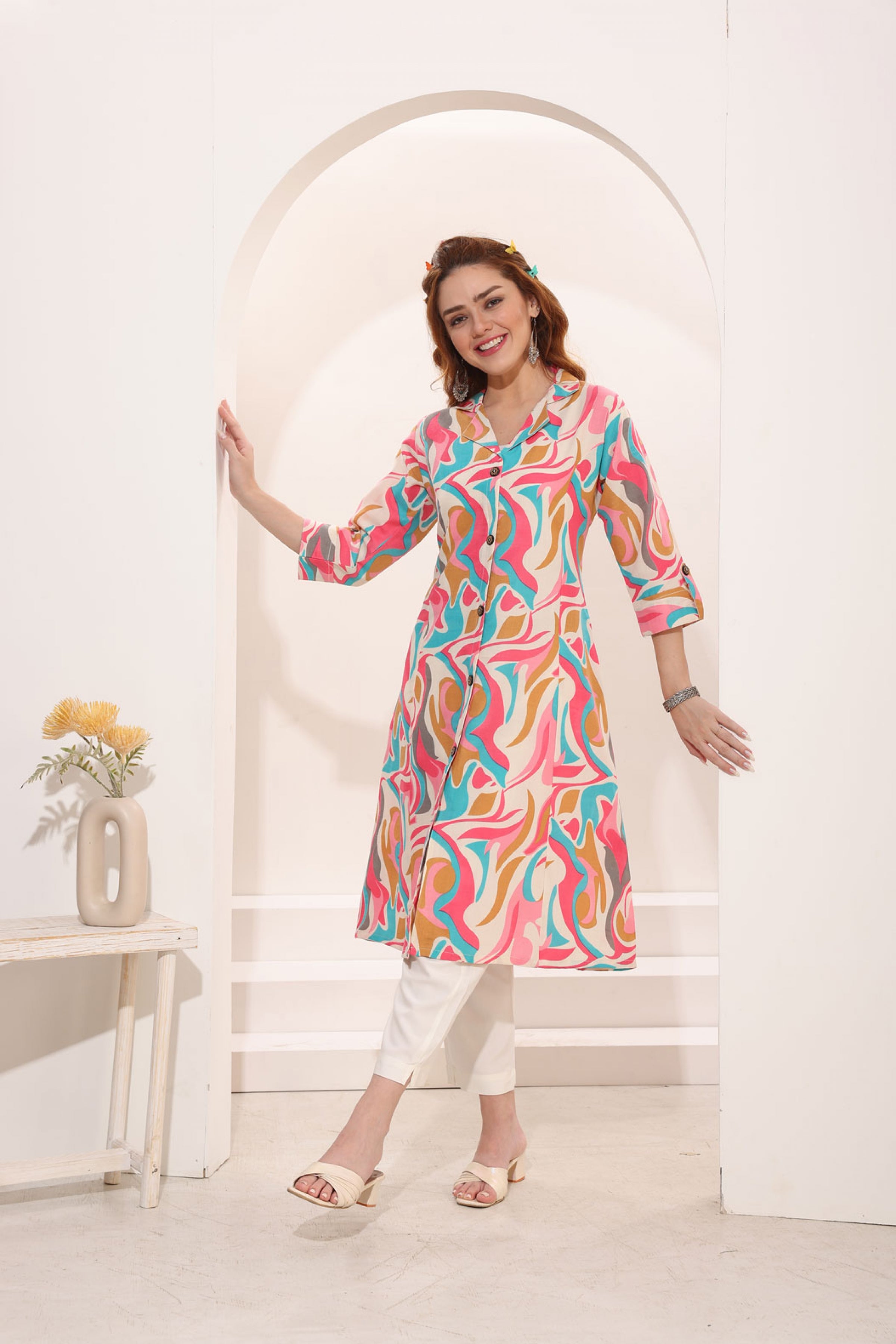 Chic Women's Princess Cut Long Kurta in Multicolored Linen Cotton– PAAIE