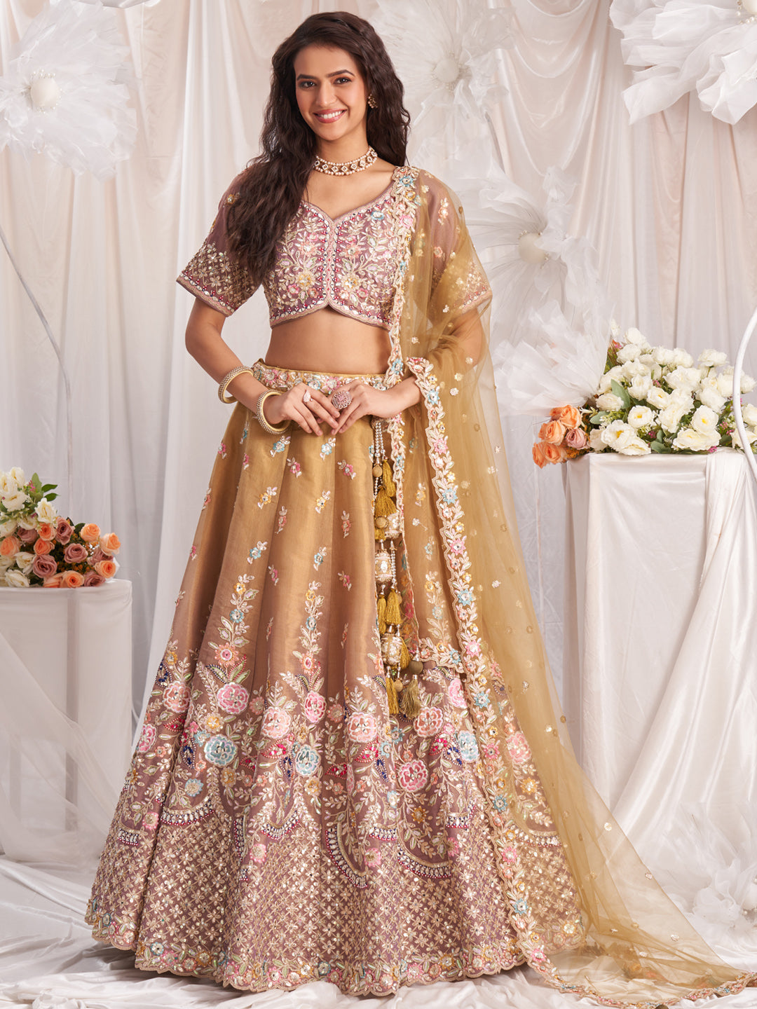 Golden & Rosegold Sequined Mirror Net Lehenga & Blouse with Dupatta– PAAIE
