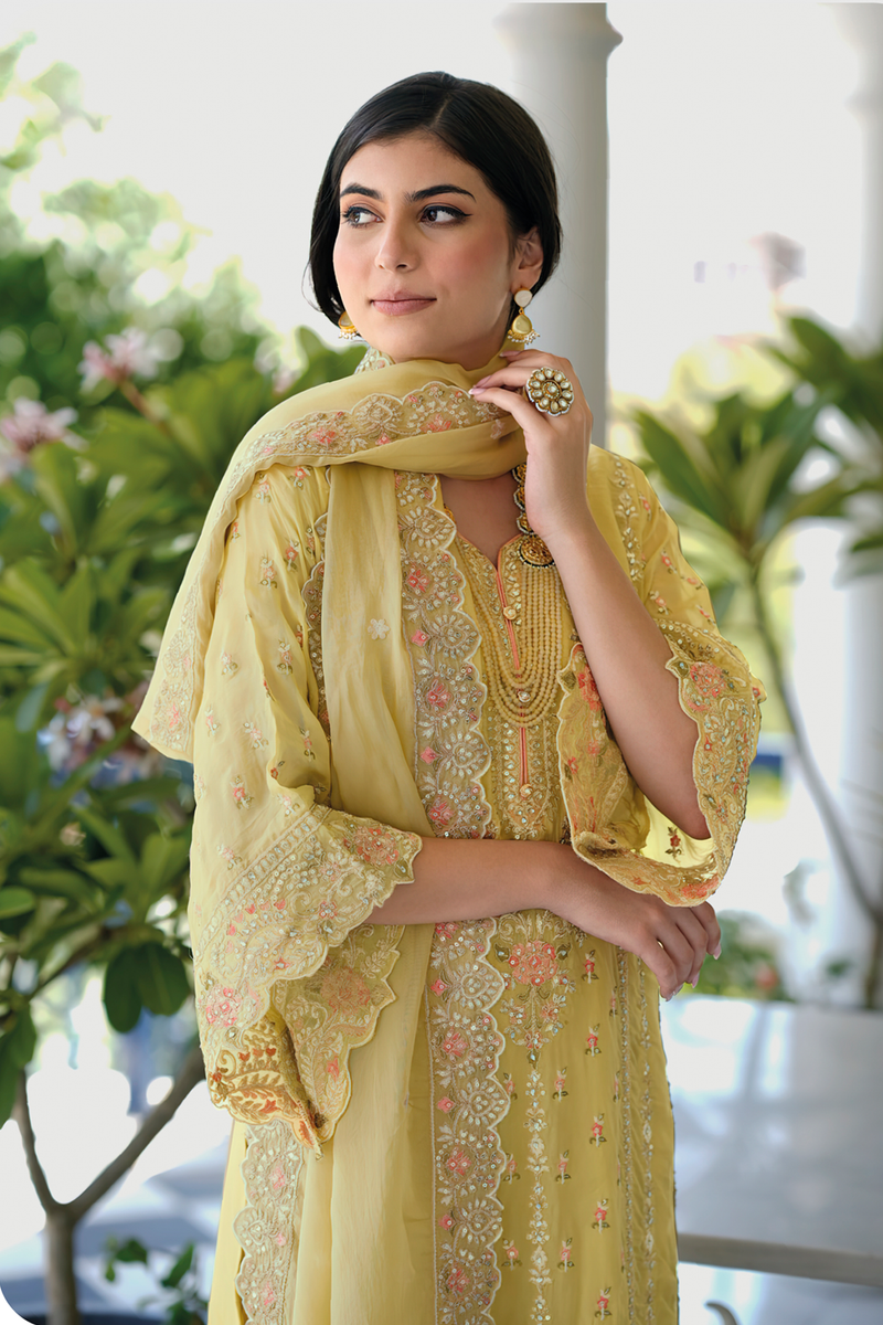 Designer Yellow Embroidered Soft Organza Suit with Dupatta and Pants– PAAIE