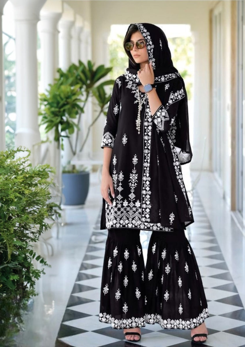 Designer Black Color Suit with Sharara & Dupatta in Mal- Mal Cotton (D ...