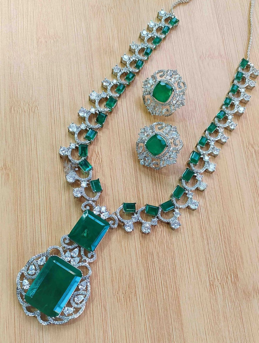 Inspired by Nita Ambani Green Long Necklace with American Diamonds– PAAIE
