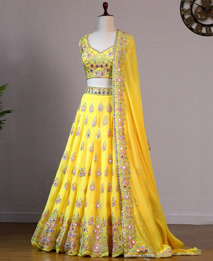 Beautiful Mirror-Embroidered Lehenga Choli in Yellow Georgette | Paaie ...