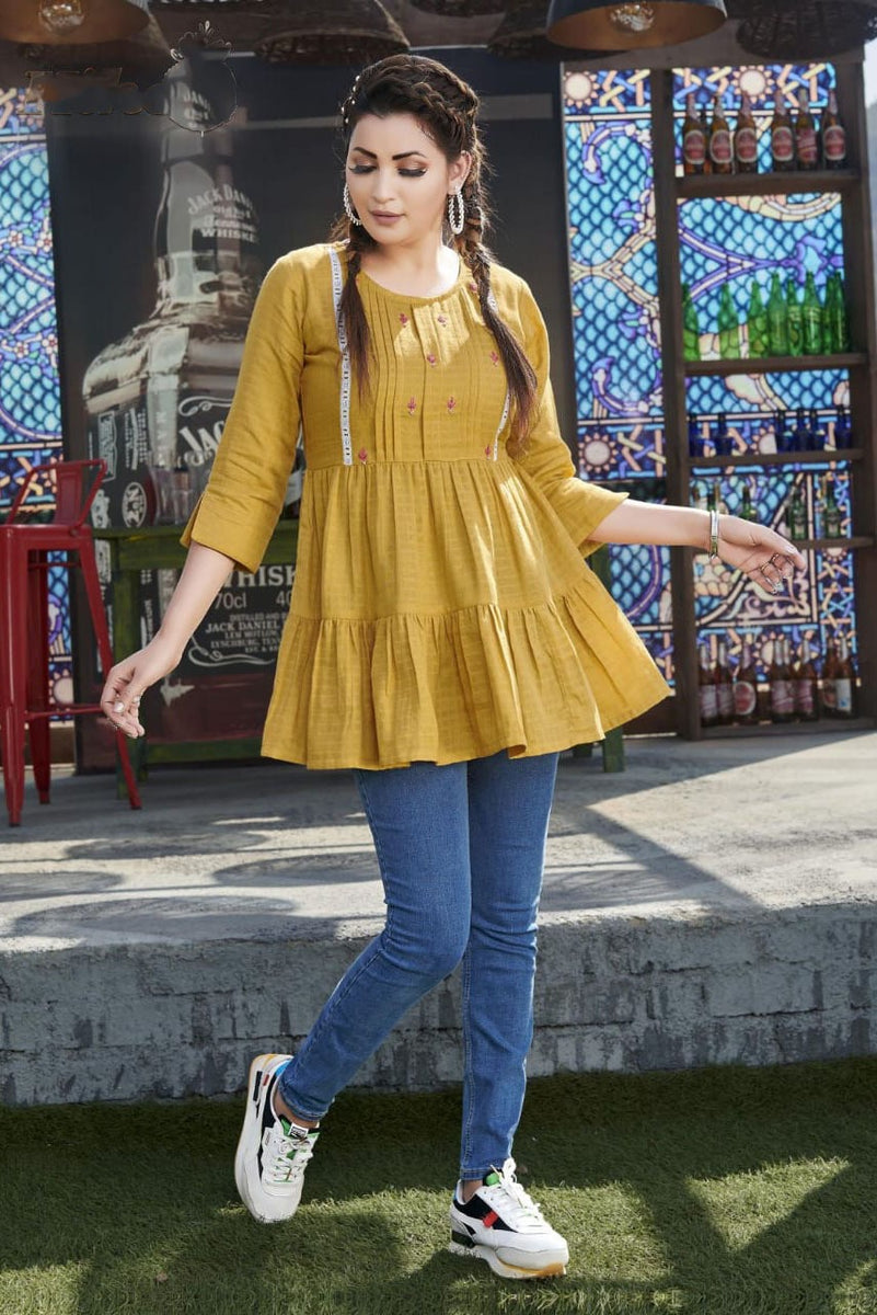 Elegant & Chic Mustard Yellow Cotton Embroidered Short Kurti– PAAIE