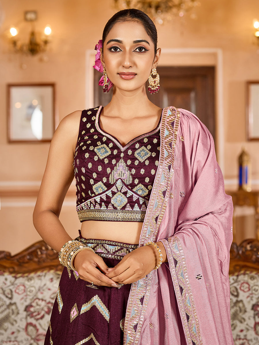 Brown Silk Sequins Embroidered Lehenga Choli With Dupatta Set Online– PAAIE