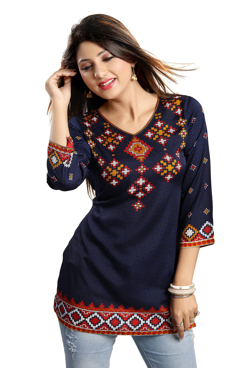 Shop now at paaie for this lovely blue poly crepe short kurti.– PAAIE