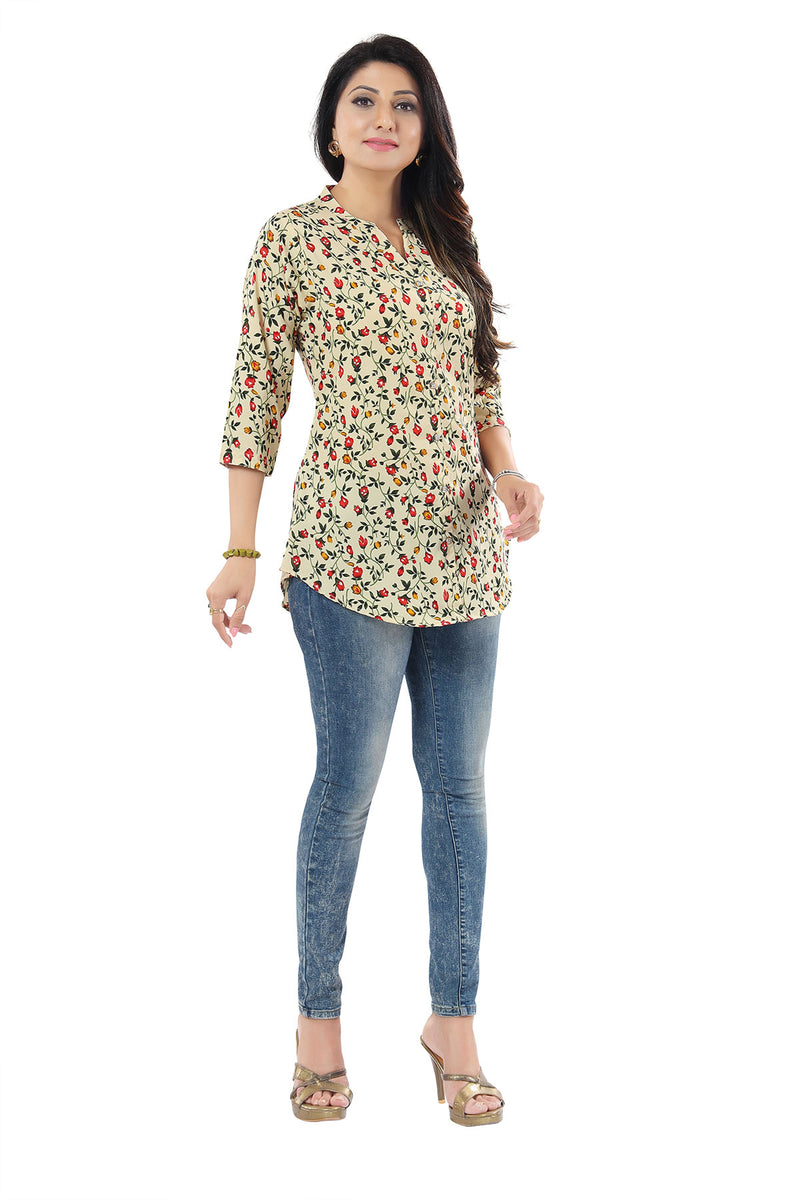 Women's Beige Poly Crepe Short Tunic Top– PAAIE