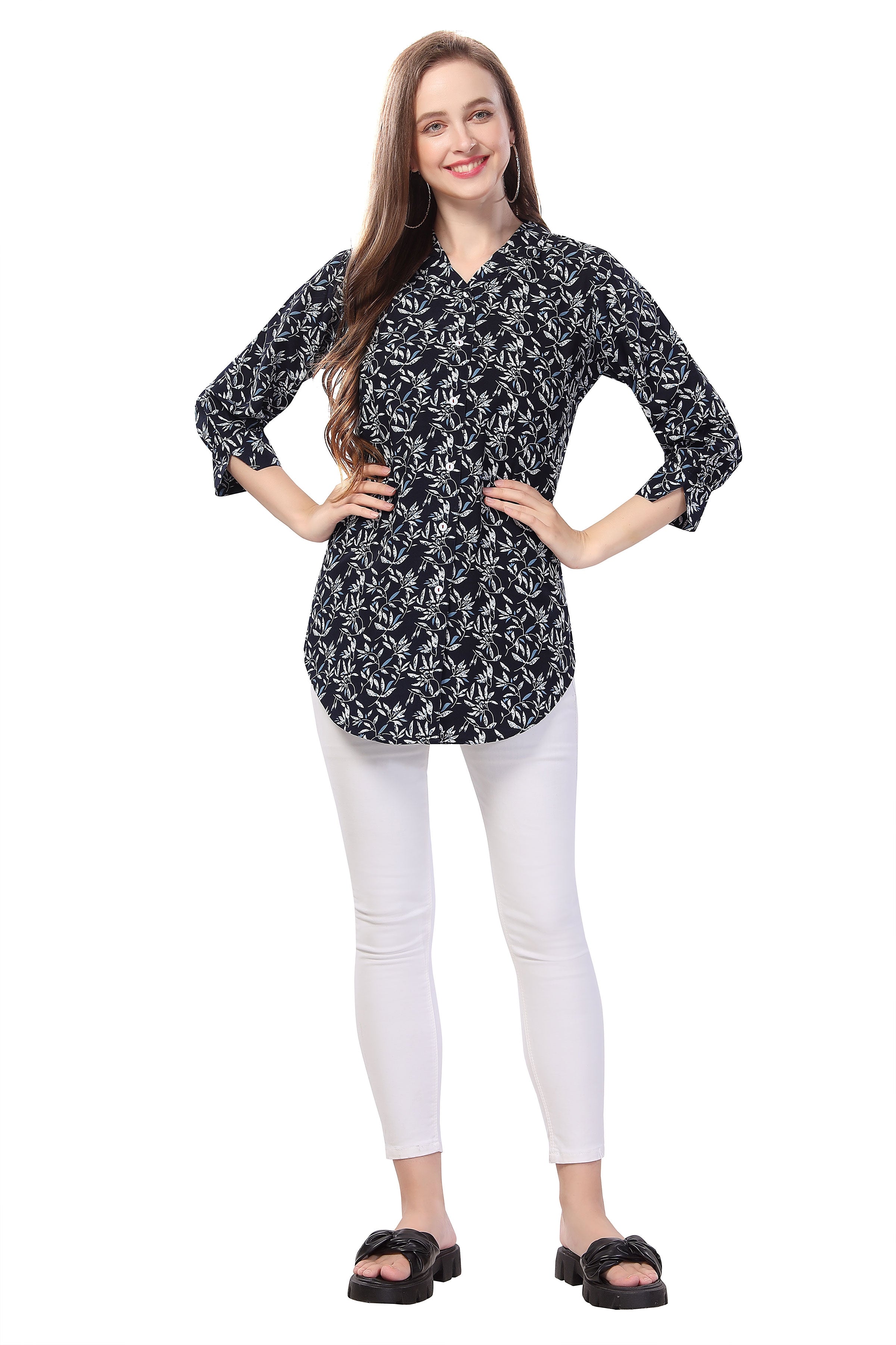 Women's Blue Printed Polyester Crepe Short Tunic Top - Chic– PAAIE