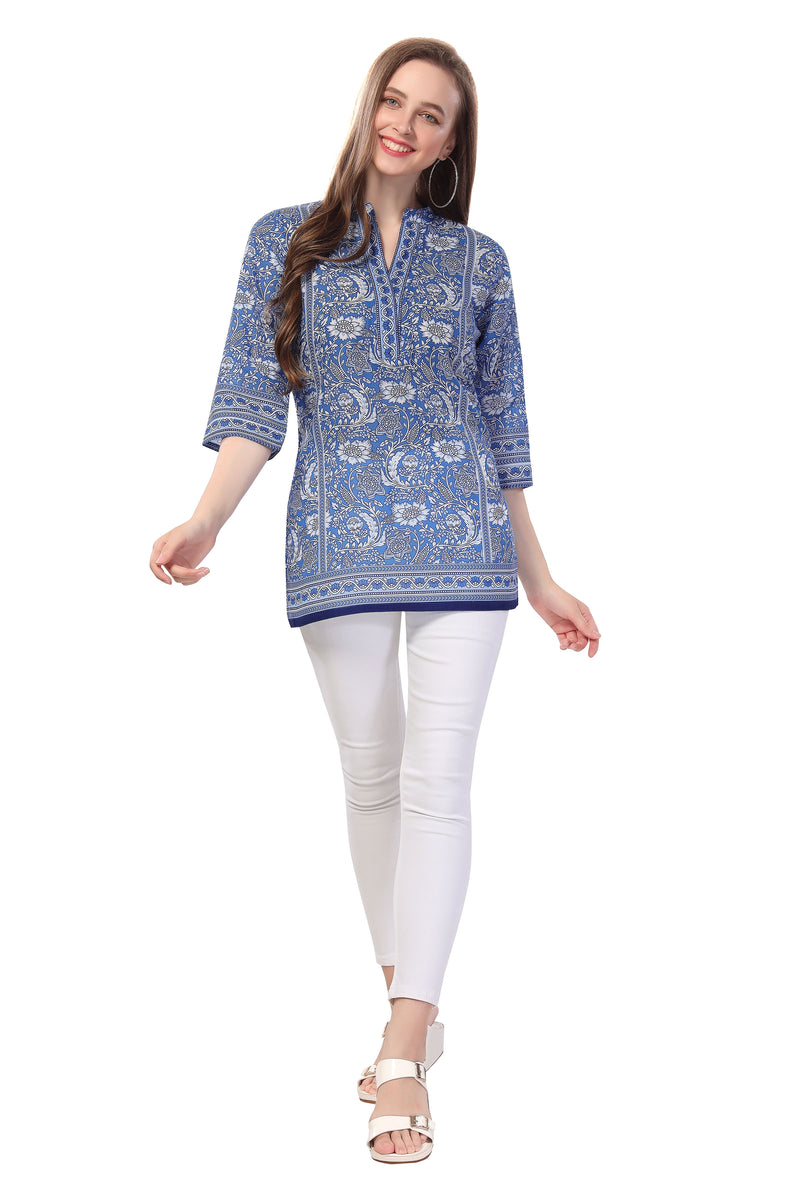 Women's Mandarin collar tunic with floral printed in blue and cotton ...