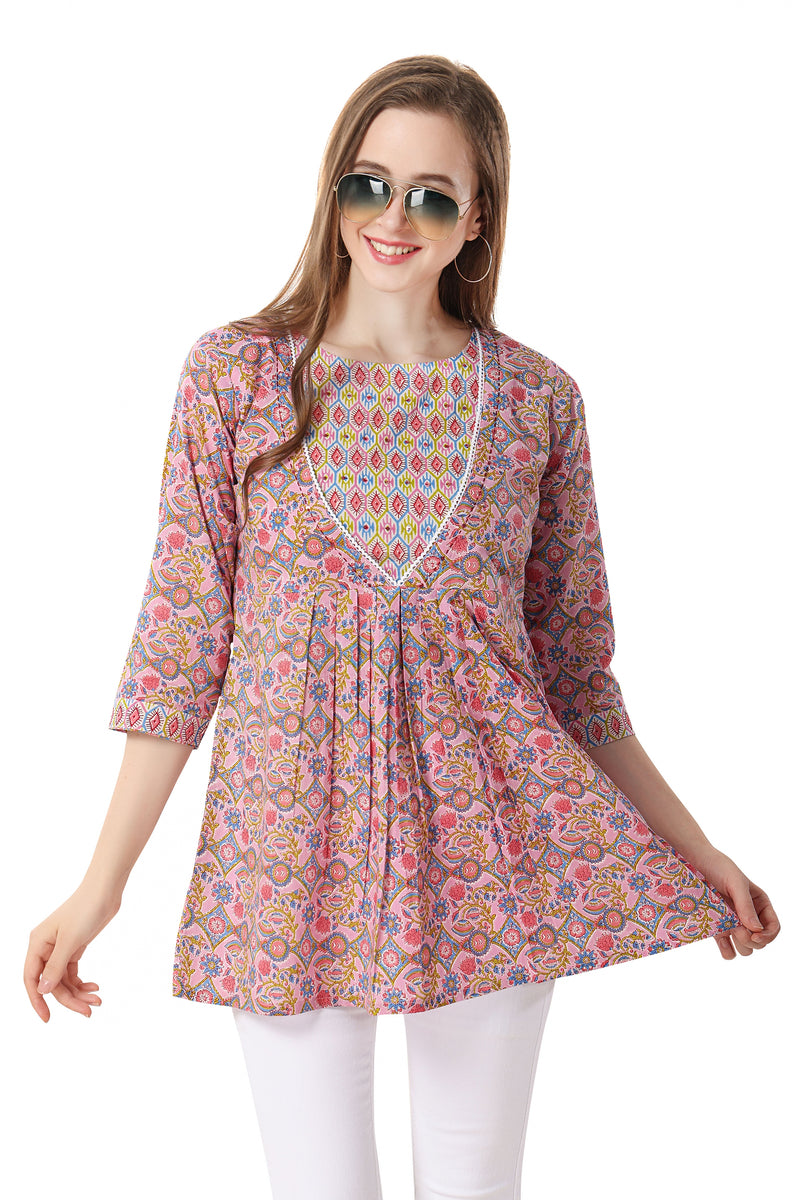 Women's Dusty Pink Cotton Short Tunic with Mix and Match Print– PAAIE
