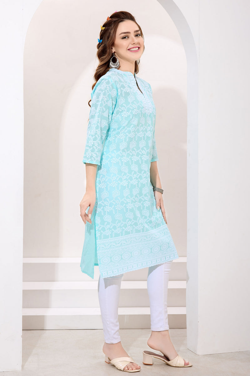 Women's Long Kurti in Breezy Phirozi Chikankari Pure Cotton– PAAIE