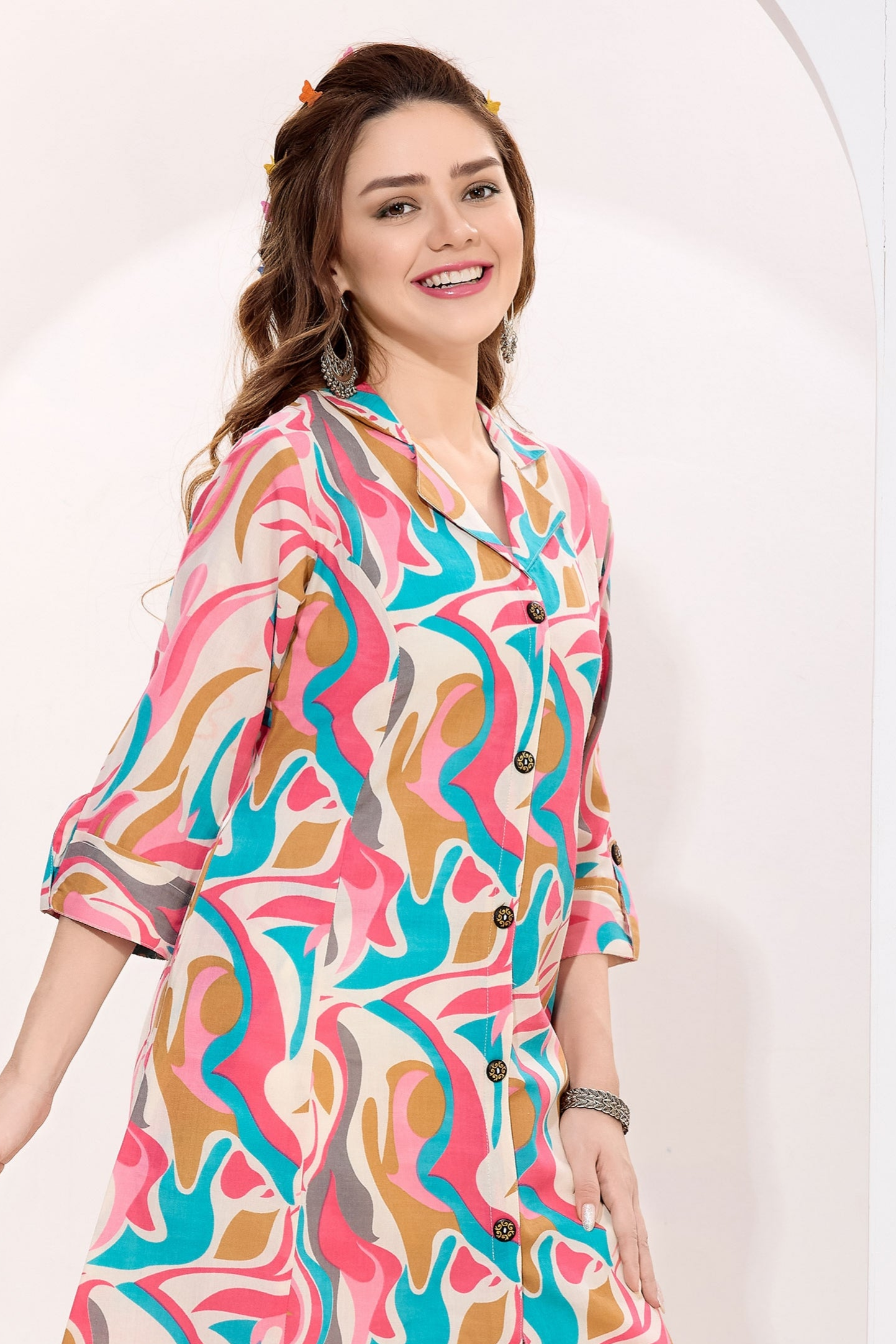 Chic Women's Princess Cut Long Kurta in Multicolored Linen Cotton– PAAIE