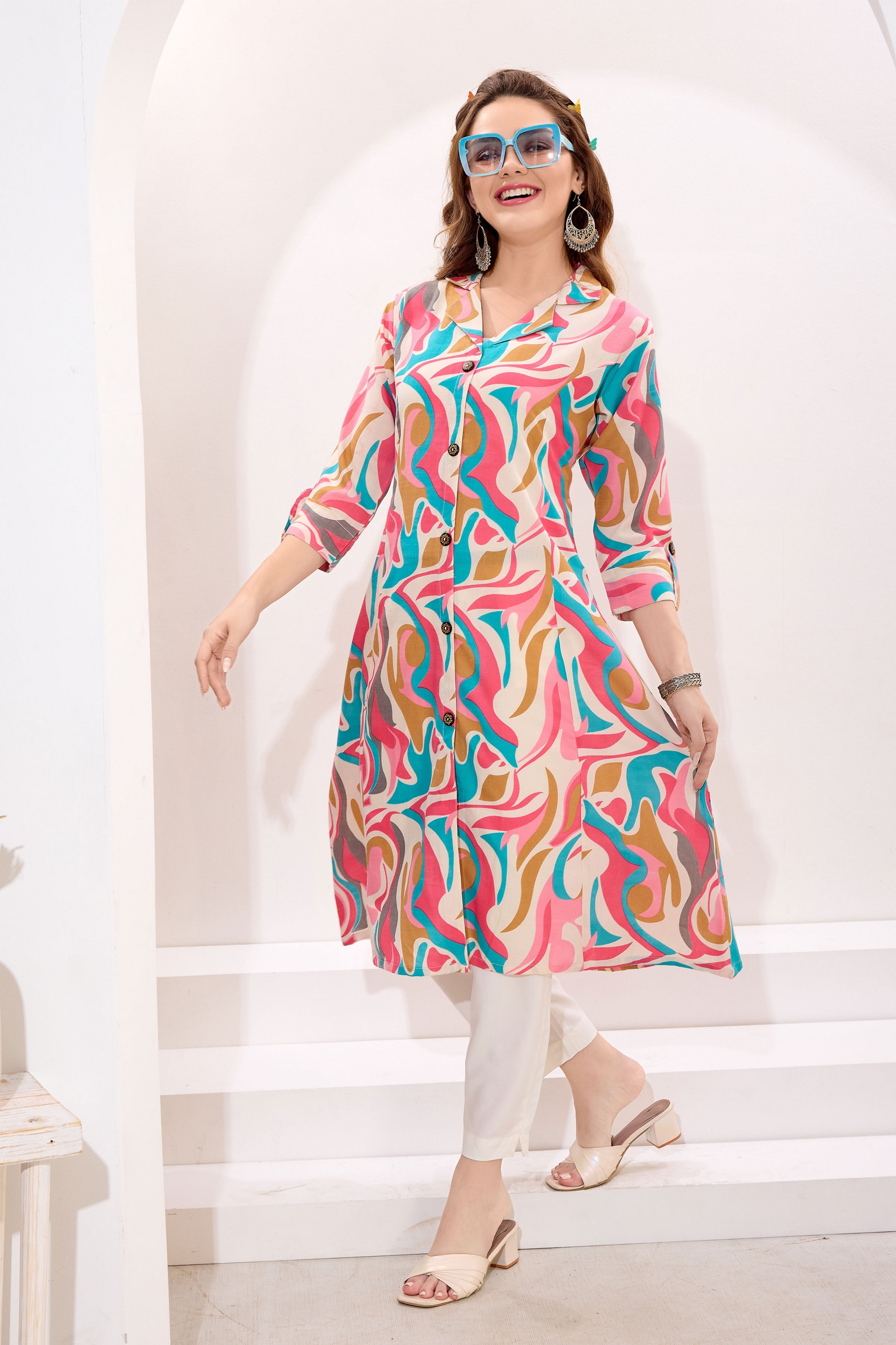 Chic Women's Princess Cut Long Kurta in Multicolored Linen Cotton– PAAIE