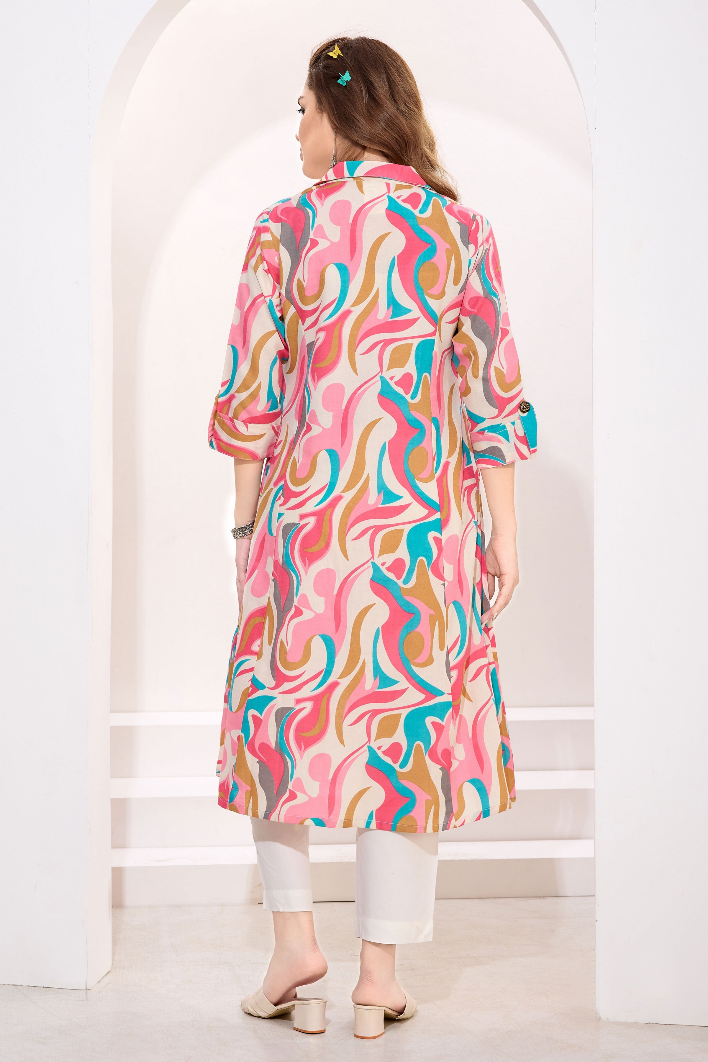 Chic Women's Princess Cut Long Kurta in Multicolored Linen Cotton– PAAIE