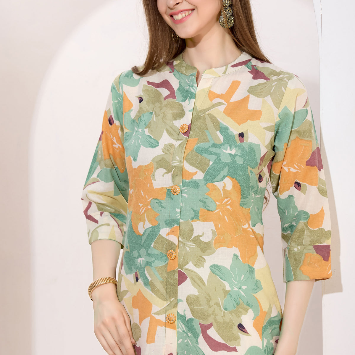 Green Multicolored Linen Cotton Long Kurta for Women with Band Collar ...