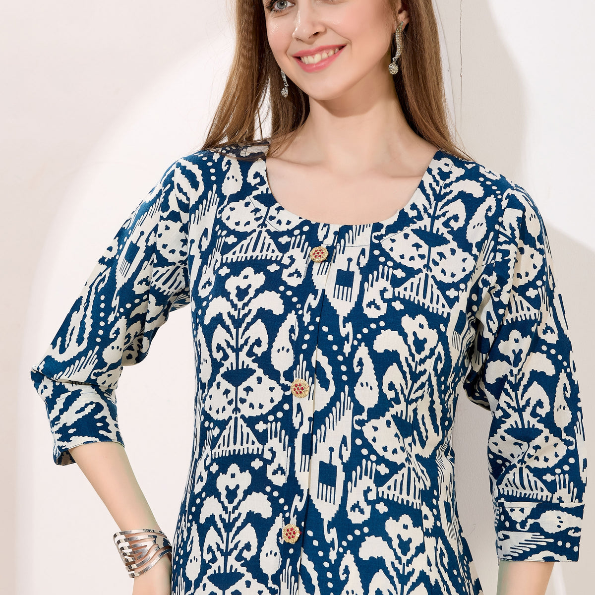 Peacock Blue Linen Cotton Princess Cut Long Kurti– PAAIE