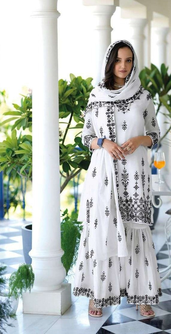 Designer White Color Suit with Sharara & Dupatta in Mal- Mal Cotton (D– PAAIE