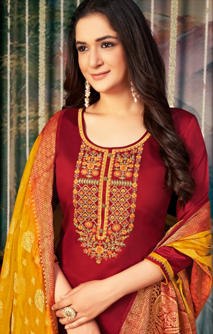 Designer Maroon Color Suit with Pant & Dupatta in Jam Silk (K746)– PAAIE