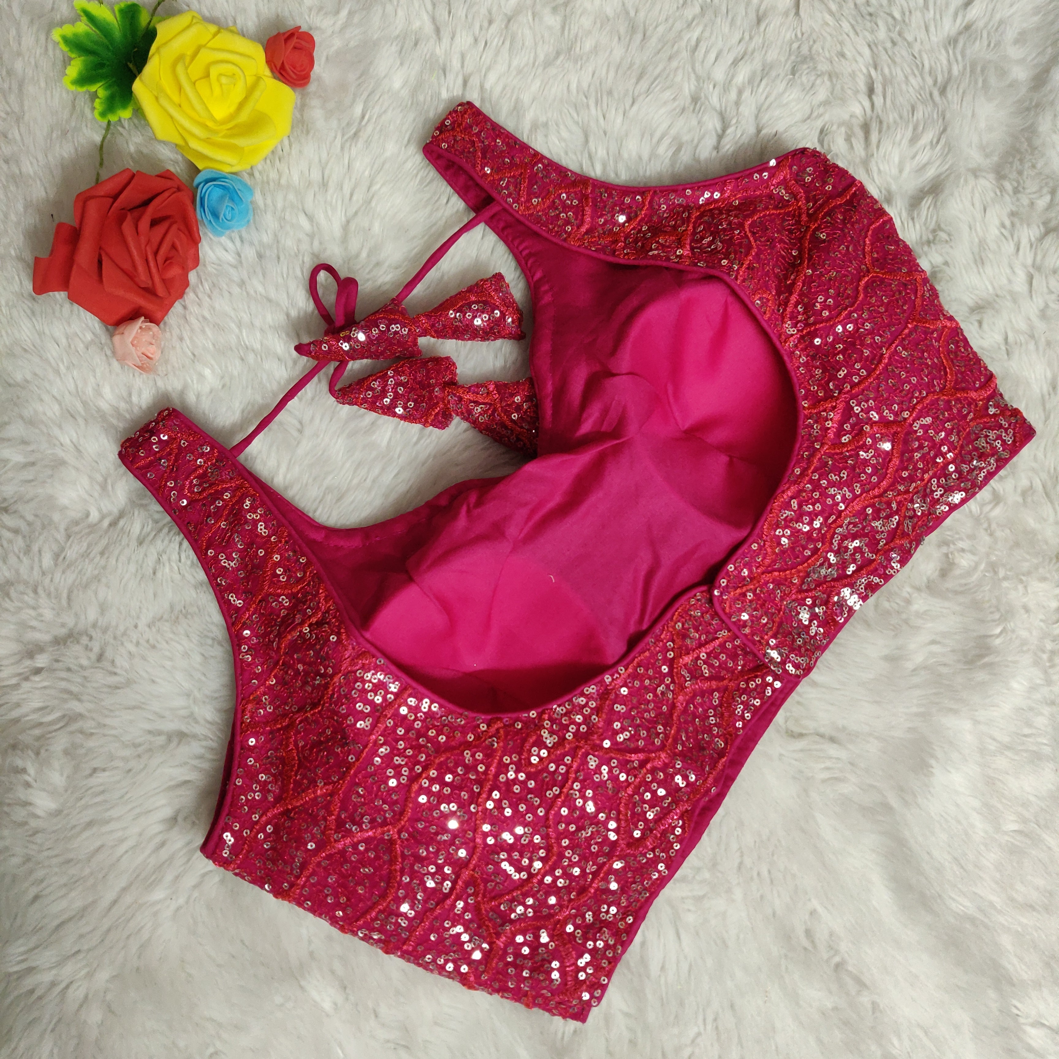 Magenta Color Net Sequin & Embroidery Work Sleeveless Readymade Saree ...