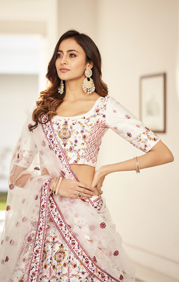 Designer Wedding Engagement White Thread Embroidered Work Lehenga Chol ...