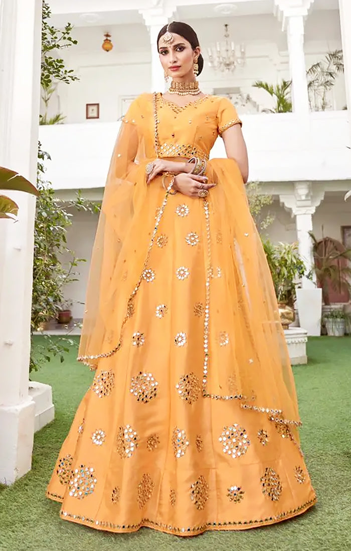 Designer Bridal Heritage Beautiful Yellow Heavy Mirror Work Lehenga Ch ...