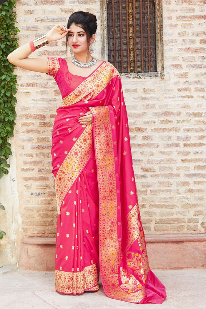 Banarasi Super Soft Silk Designer Rani Pink Color Saree– PAAIE