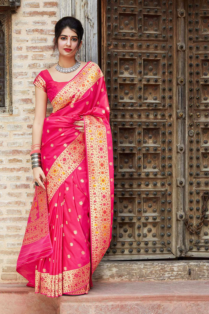 Banarasi Super Soft Silk Designer Rani Pink Color Saree– PAAIE