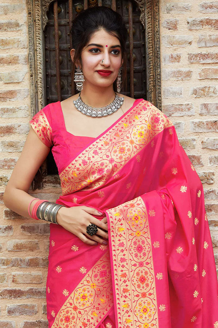 Banarasi Super Soft Silk Designer Rani Pink Color Saree– PAAIE