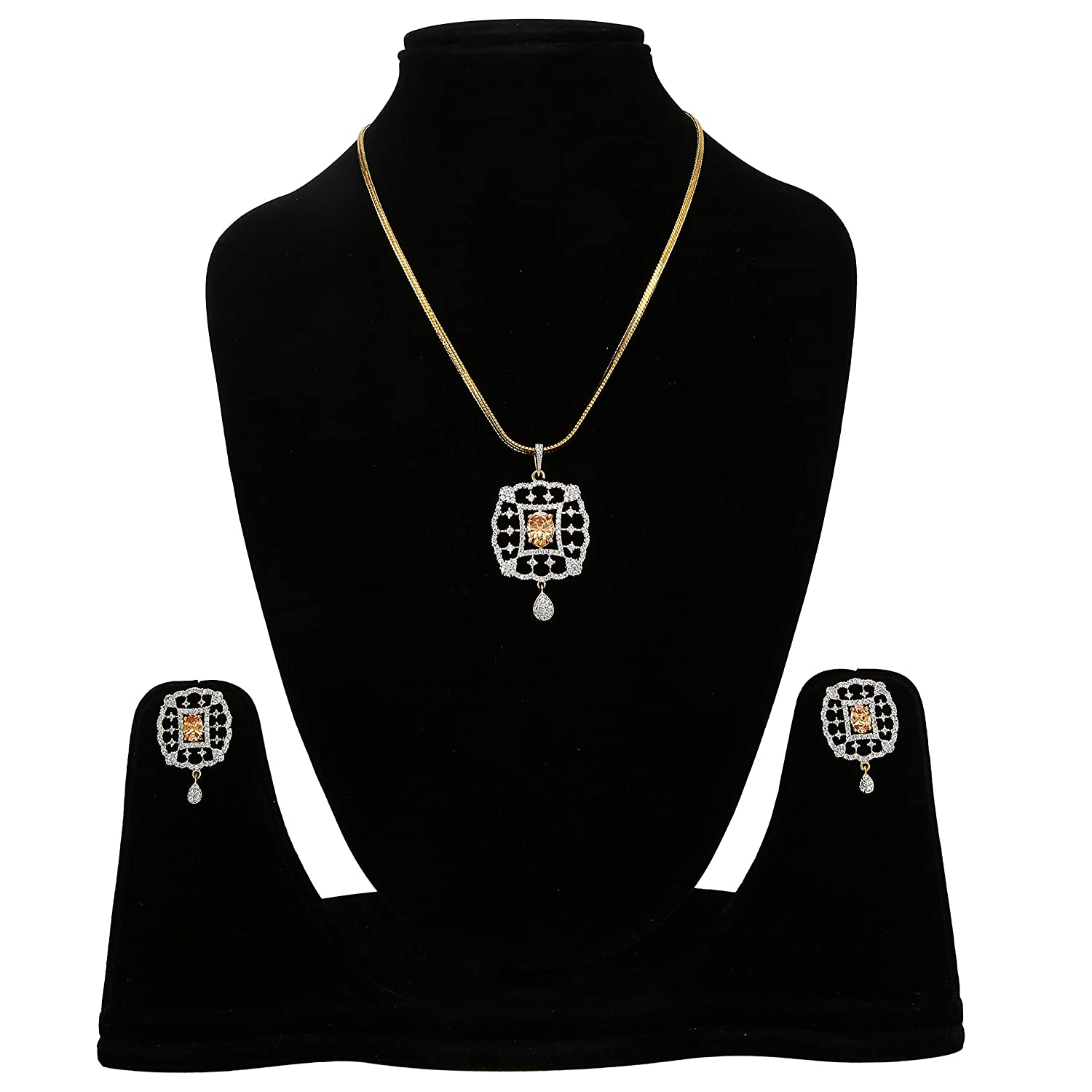 American Diamond 22k Gold Plated Cz Pendant Set With Earrings Paaie