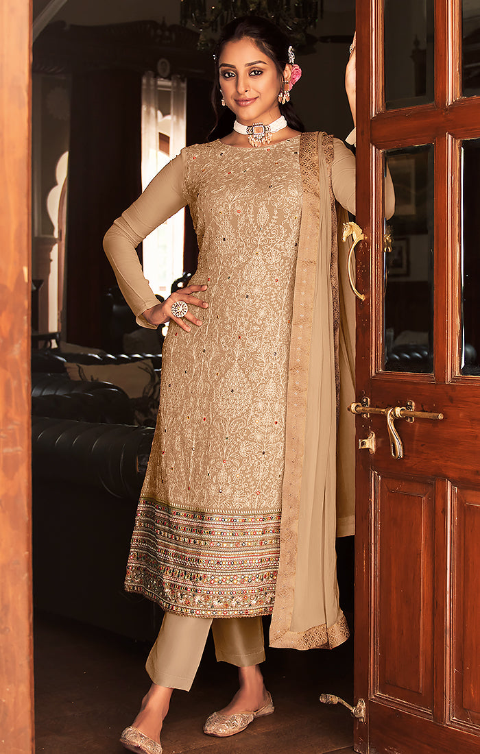 Designer Beige Color Suit with Pant & Dupatta in Chinnon & Georgette ...