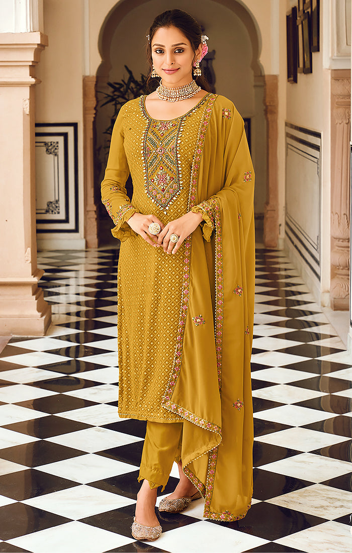 Designer Yellow Color Suit with Pant & Dupatta in Georgette (K695)– PAAIE