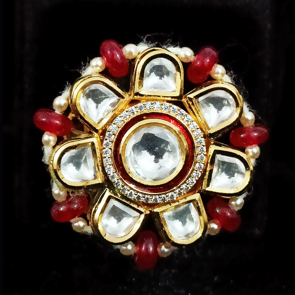 Designer Gold Plated Kundan Red Beaded Adjustable Ring (Design 77)– PAAIE