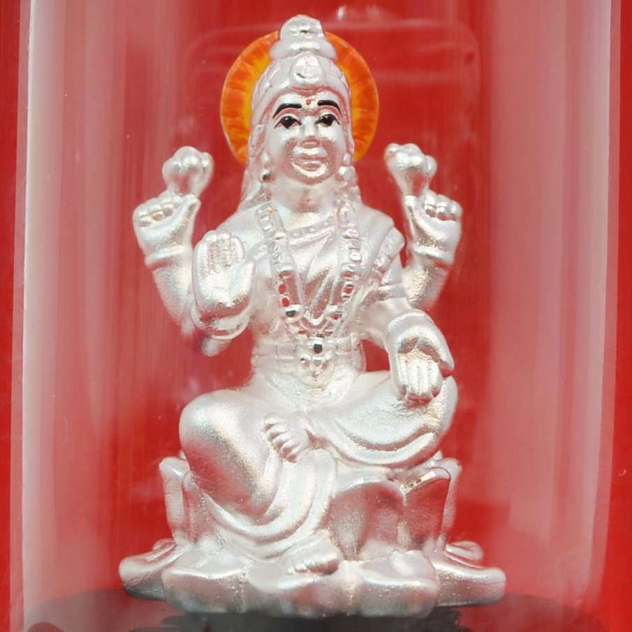 999 Pure Silver Small Lakshmi Idol with Orange Headrest in Circular Ba ...