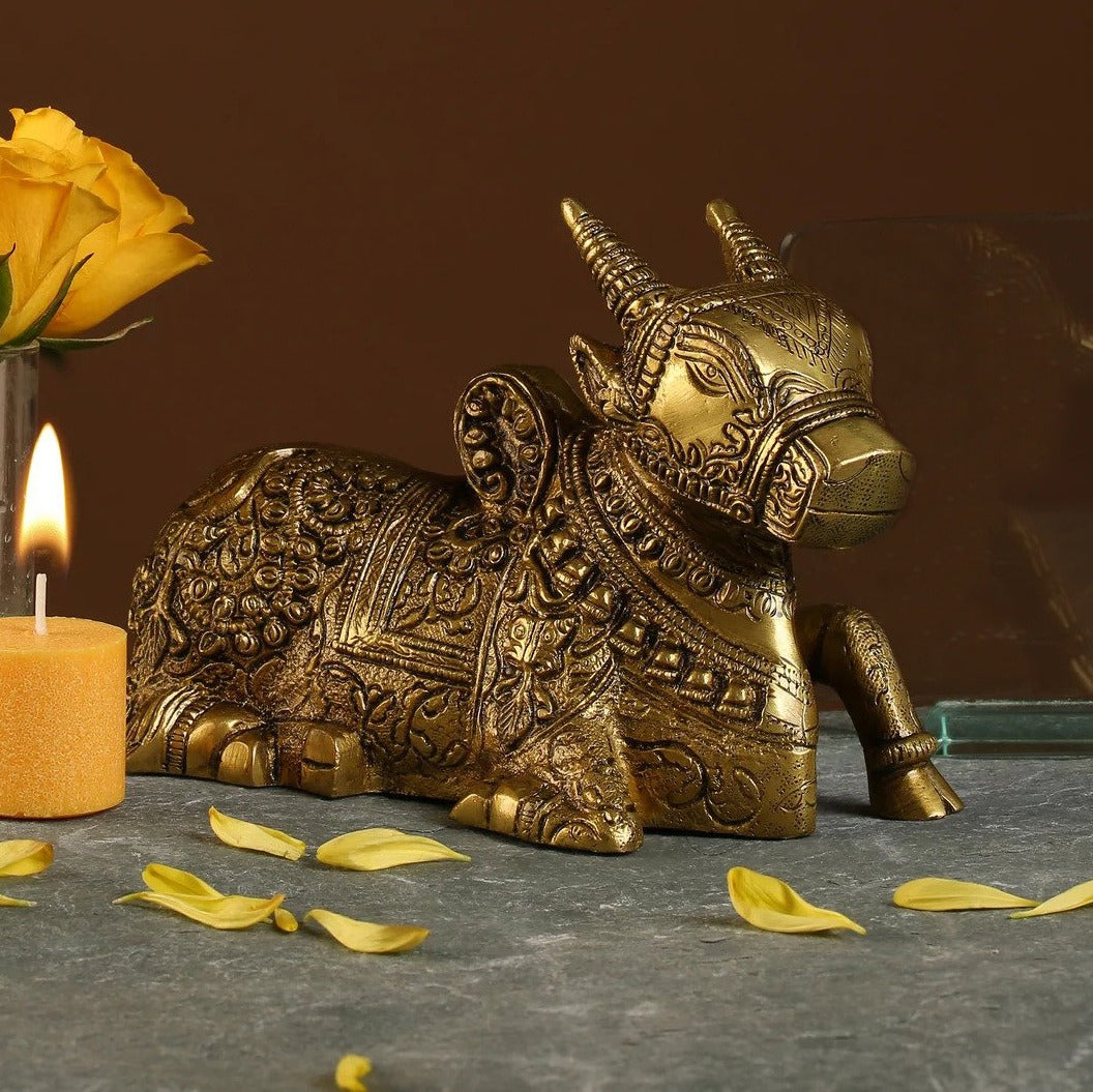 Brass Sitting Nandi Cow Statue, Brass Cow Figurine, Sacred Bull Of Shi ...