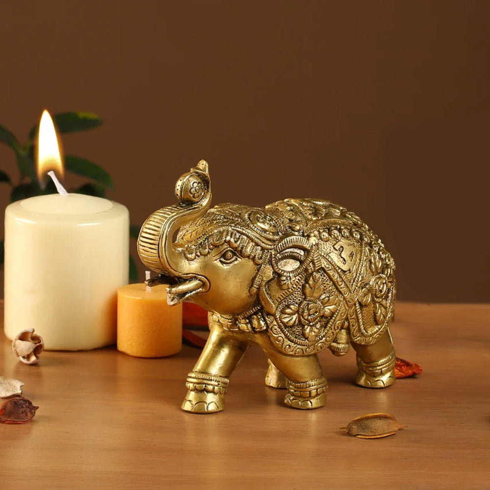 Elephant with Om and Swastika Carving Brass Decor Showpiece, Brass Han ...