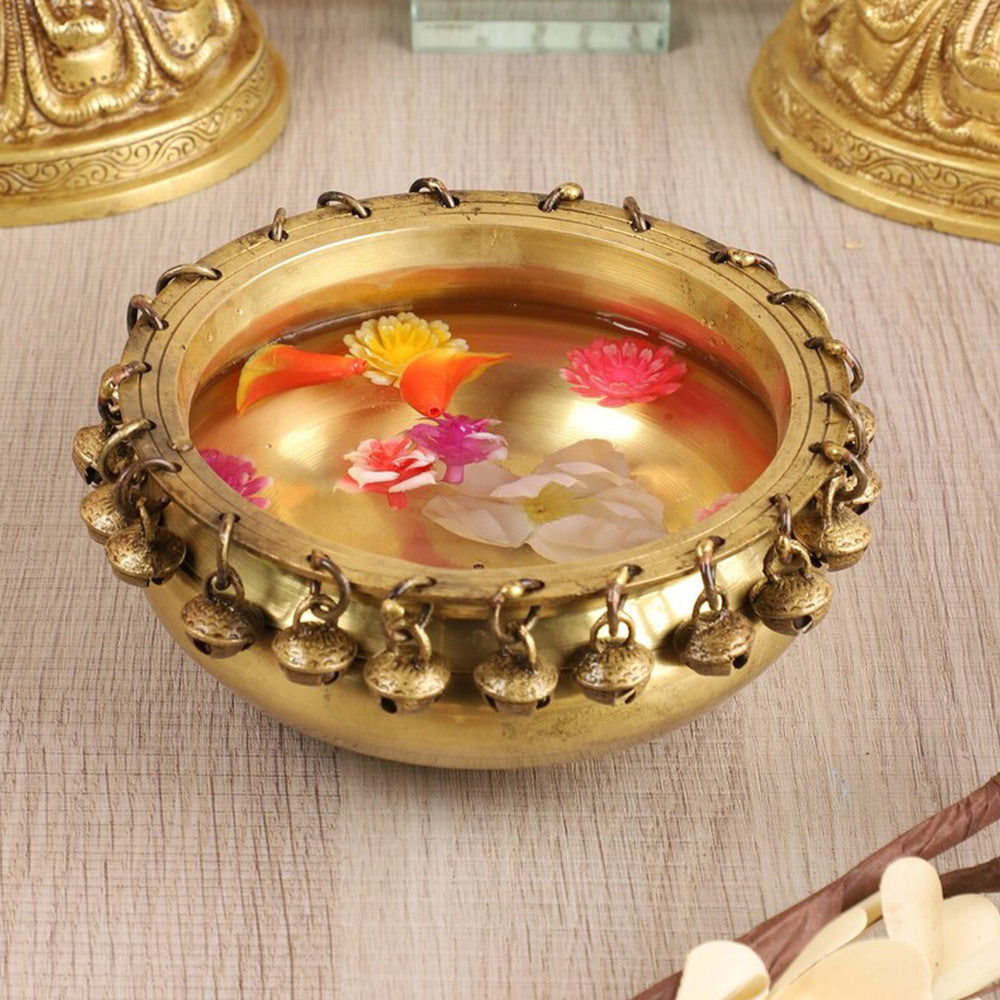 Brass Urli Traditional Bowl with Bells, Centre Table Decor, Brass Deco ...